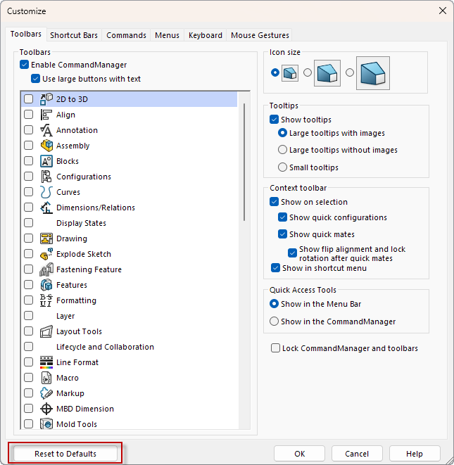 How Do I Reset My SOLIDWORKS Customizations?