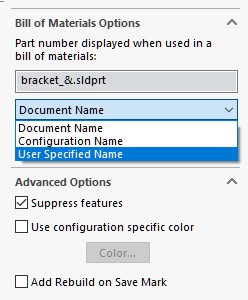 How do I control part numbers in a SOLIDWORKS bill of materials (BOM)?