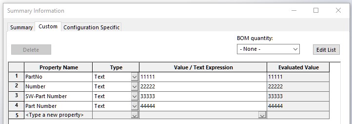 How do I control part numbers in a SOLIDWORKS bill of materials (BOM)?