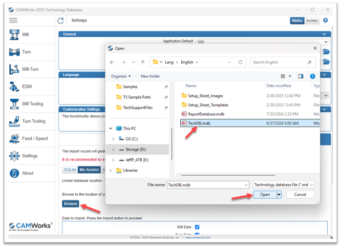 Importing the Technology Database in CAMWorks